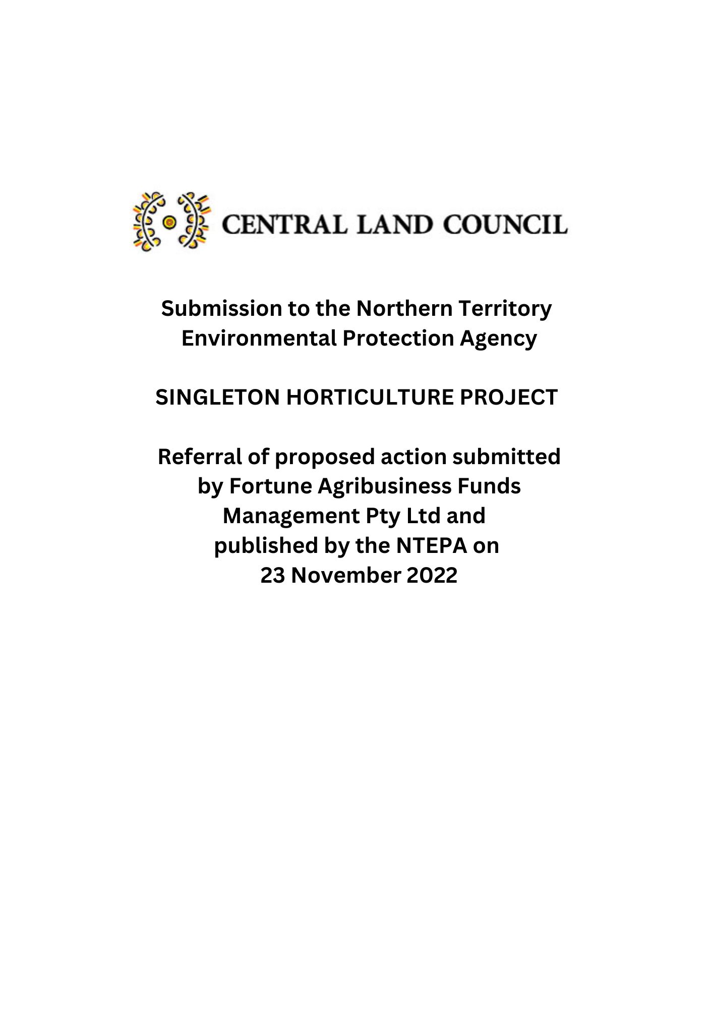 Submission to the NTEPA SINGLETON HORTICULTURE PROJECT Referral of ...